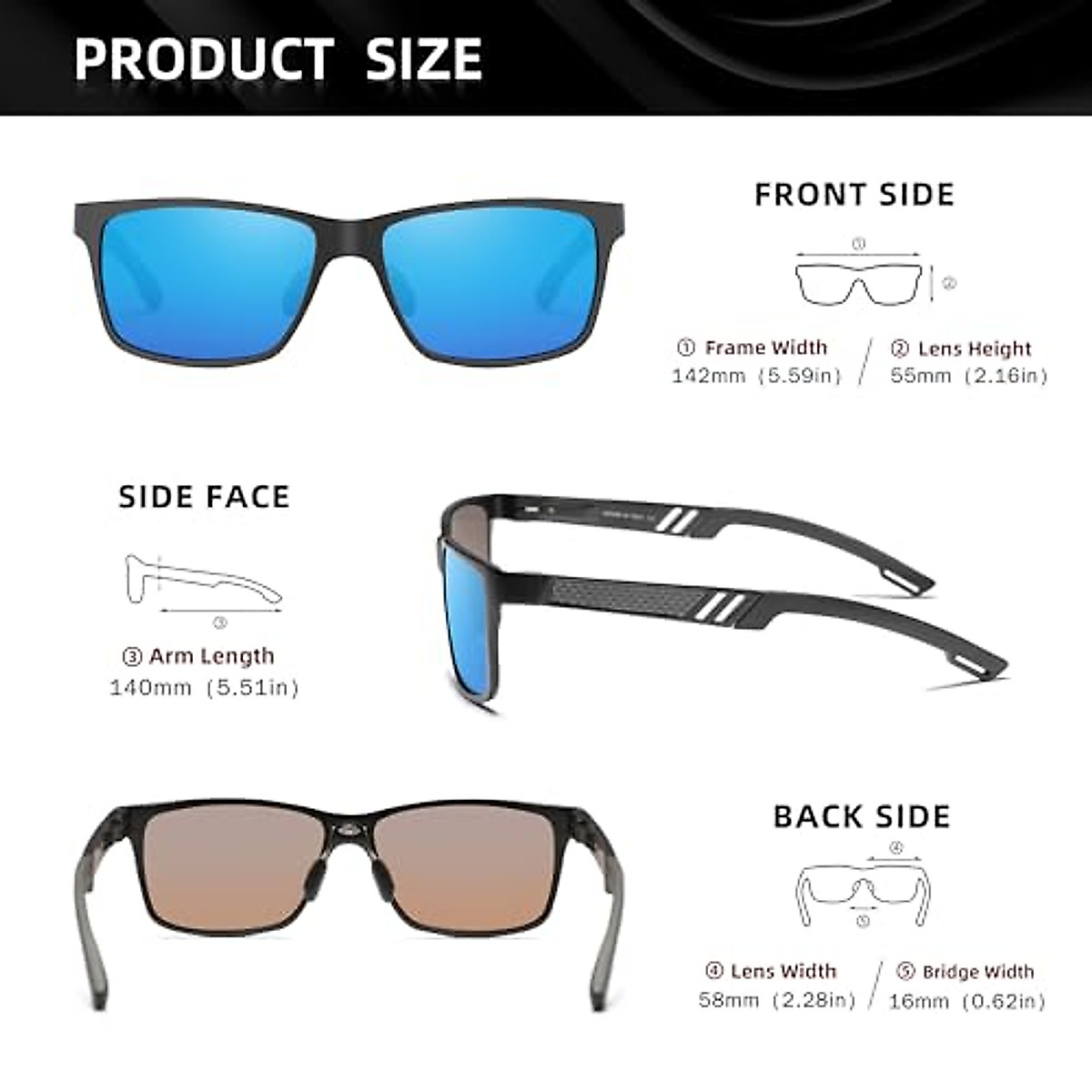 KINGSEVEN Men Polarized Sunglasses Aluminum Magnesium Sun Glasses Driving Glasses Rectangle Shades For Men Oculos masculino (Black Blue)