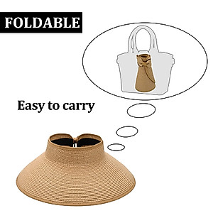 Andiker Women Roll Up Sun Visors Hat, Fordable Wide Brim Ponytail Beach Hat with A Storage Bag, Adjustable Straw Hat with Bow for Summer (Navy)