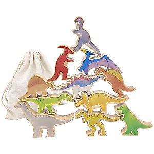 Xylolin Wooden Dinosaur Blocks Stacking and Balancing Toys, Toddler Wood Dinosaur Figures Blocks Imaginative Play, Preschool Educational Toys Gifts and Stack Balance Games for Kids