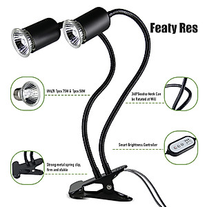 TFNN Reptile Heat Lamp, Double-Head Heat Lamp with Clamp, UVA UVB Reptile Light with Intelligent Cycle Timer for Turtle, Bearded Dragon, Lizard and More, 2 Bulbs 50W+75W