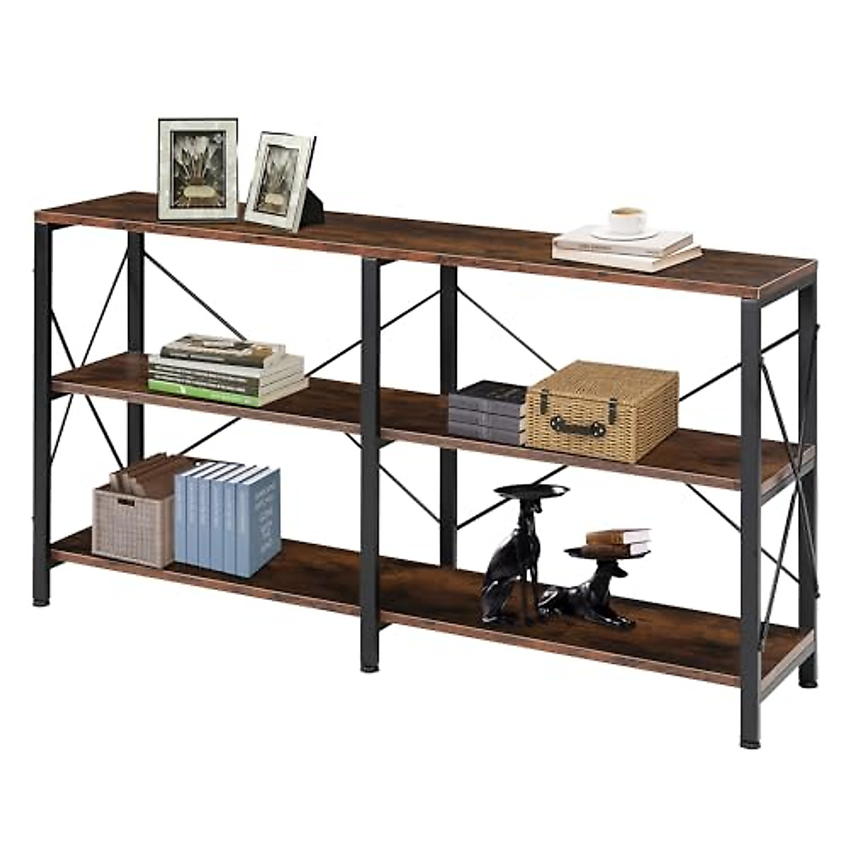 BETTAHOME 3-Tier Low Book Shelf, 55 Inch Wide Open Book Shelf, Industrial Wooden Bookcase for Home Office, Bedroom, Living Room, Rustic Brown and Black