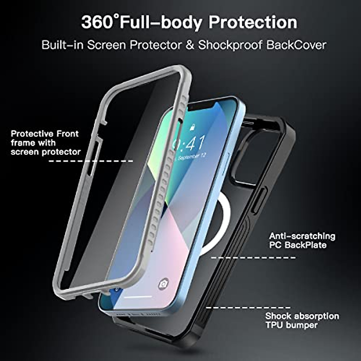 AICase for iPhone 13 Mini Case Compatible with Magsafe, Full Body Rugged with Built-in 9H Tempered Glass Screen Protector Heavy Duty Protection Shockproof Cover for iPhone 13 Mini Case 5.4"