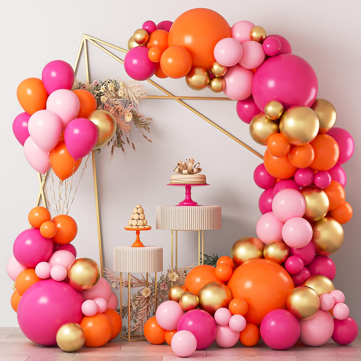 COKAOBE Pink Orange Balloon Garland Arch Kit, 124pcs Hot Pink Orange Chrome Metallic Gold Latex Balloons for Birthday Wedding Baby Shower Tropical Party Supplies Summer Party Decorations