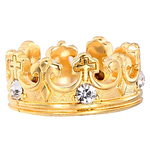 OAKKY Men's Women's Stainless Steel Retro Royal King Crown Cross Inlaid Domineering Ring Gold with White Gemstone Size 9