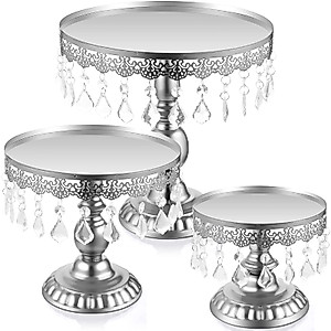 Eaasty 3 Pcs Cake Stand Set Round Cake Stand with Crystal Bling Pendants Dessert Table Display Set for Wedding Event Birthday Party Dessert Table(Silver)
