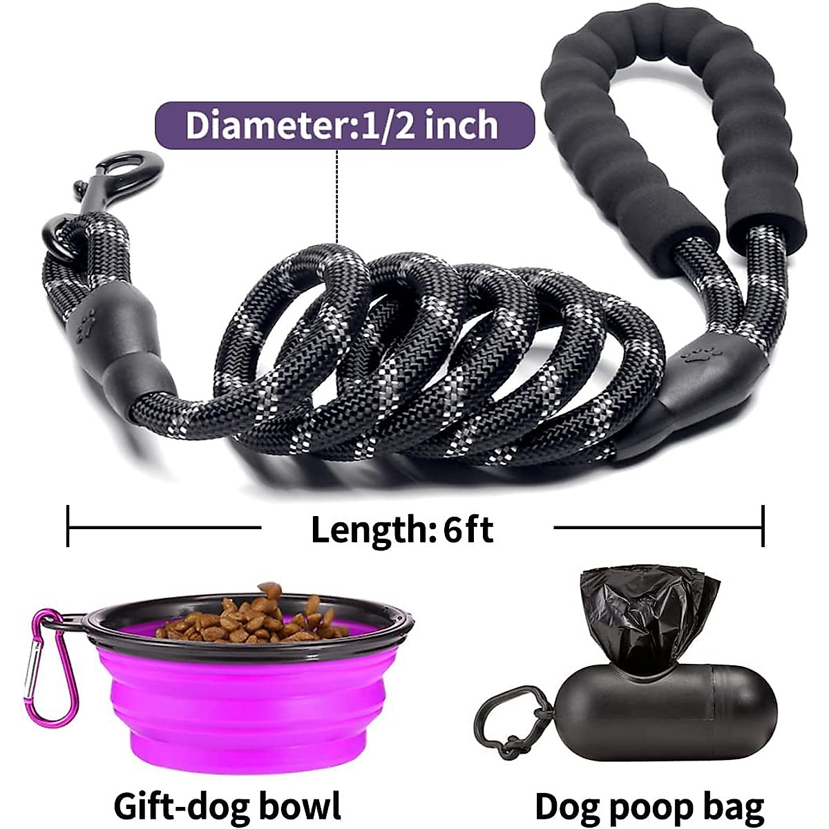 COOYOO 2 Pack Dog Leash 6 FT Heavy Duty - Comfortable Padded Handle - Reflective Dog Leash for Medium Large Dogs with Collapsible Pet Bowl Set 3-Black+Purple