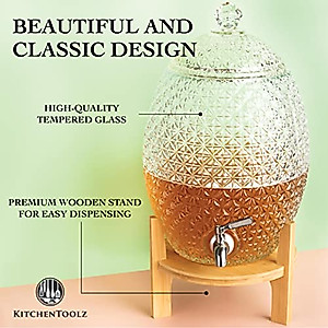 2.5 Gallon Glass Iced Beverage Dispenser with Stainless Steel Spigot Drink Dispenser on Wooden Stand - Chiseled Glass Style
