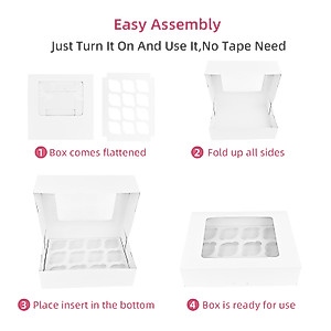 Fyrnova 6PCS Cupcake Boxes, White Cupcake Containers 12 Count with Window, Cookie Boxes, Food Grade Treat Boxes for Holiday, Wedding, Birthday Party, Bakery Supplies