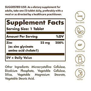 Solgar Chelated Zinc, 250 Tablets - Zinc for Healthy Skin - Supports Cell Growth & DNA Formation - Exerts Antioxidant Activity - Supports A Healthy Immune System - Non GMO, Vegan - 250 Servings
