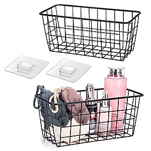Hanging Kitchen Baskets Adhesive Sturdy Wire Storage Baskets with Kitchen Food Pantry Bathroom Shelf Storage No Drilling Wall Mounted,Black,2 Pack