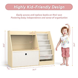 TOETOL Kids Bookshelf & Book Storage，4 Sling Wooden Toddler Book Shelf，2-Tier Wooden Open Bookcase & Storage Organizer Boxes for Nursery, Playroom, Bedroom