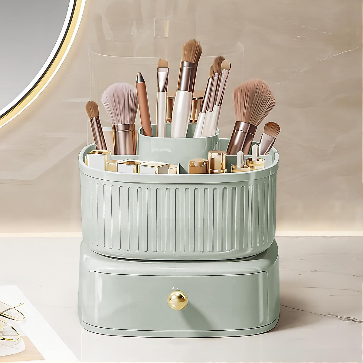 DASITON Stackable Makeup Organizer,Makeup Brush Holder With 360°Rotating Makeup Organizer Tray,Cosmetic Holder Shelf(Green)