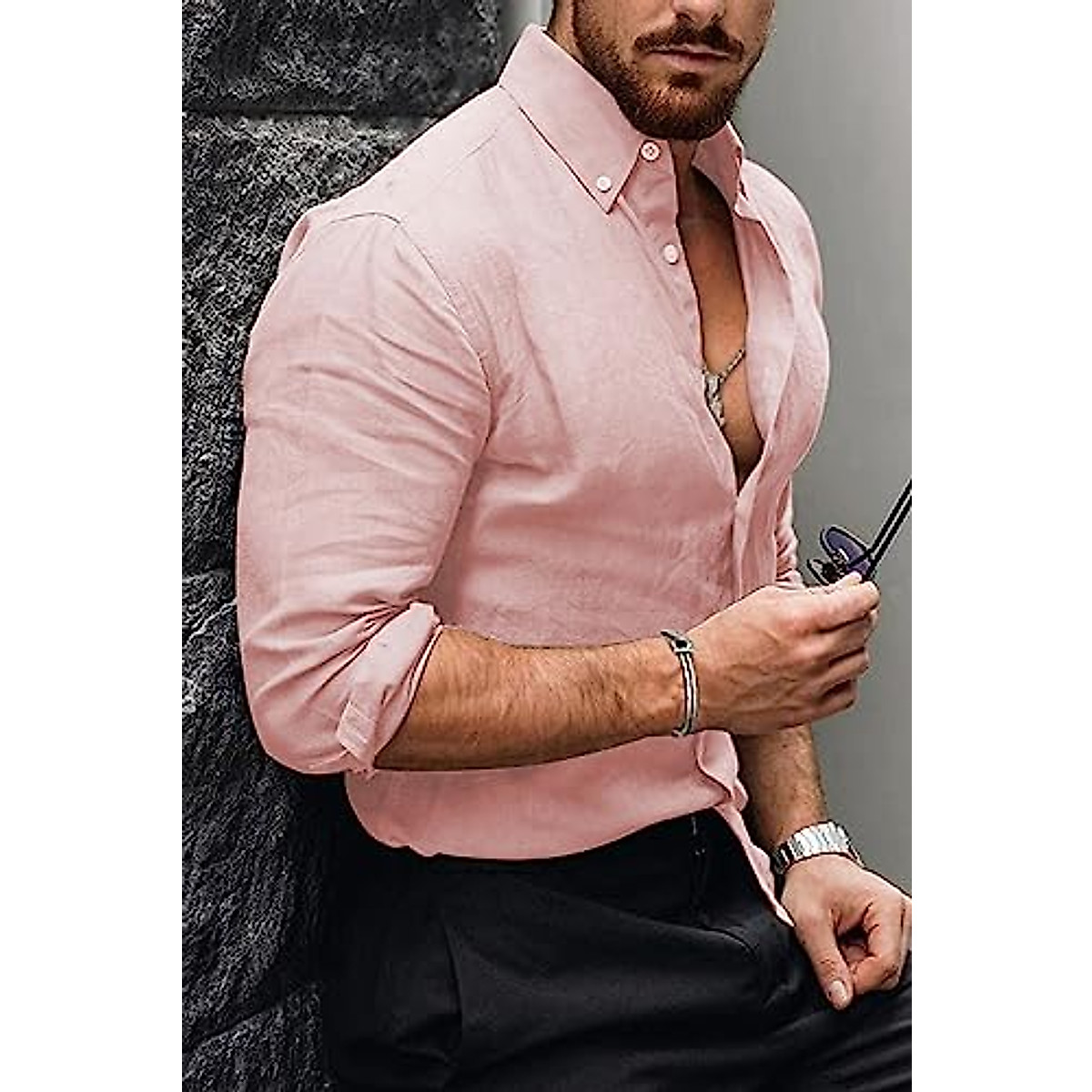 JMIERR Mens Cotton Linen Casual Stylish Button-Down Shirt Long Sleeve Business Plain Dress Shirts Old Money Aesthetic Shirts for Men,US50(2XL),B Pink