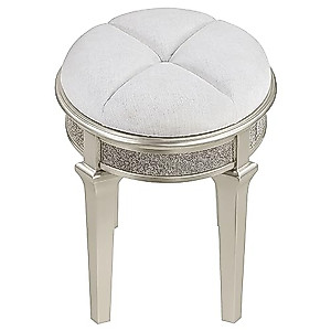 Coaster Home Furnishings Evangeline Oval Vanity Stool with Faux Diamond Trim Silver and Ivory