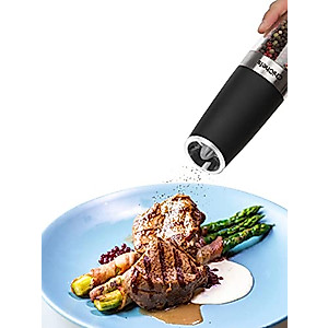 Electric Gravity Salt and Pepper Mill Set, Automatic Salt and Pepper Mill Grinder, Battery Operated with White LED Light, Adjustable Coarseness, One Handed Operation, Matte Black by ChiChefs