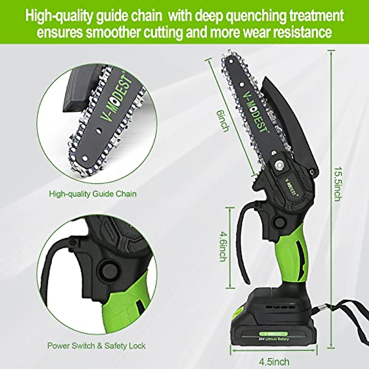 6 inch Mini Chainsaw Cordless, V-MODEST Upgraded Portable Handheld Electric Chain Saw Powered by 2 * 24V Rechargeable Battery, Small Chainsaw with Security Lock for Tree Branches Wood Cutting