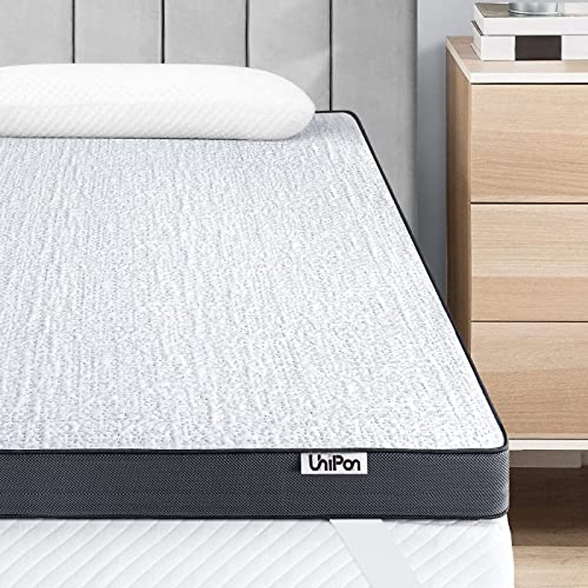 UniPon Memory Foam Mattress Topper Queen, 4 Inch Medium Firm Charcoal Foam Mattress Topper with Ice Silk Ingredient Cover, Medium Firm Bed Topper & Cooling, CertiPUR-US Certified