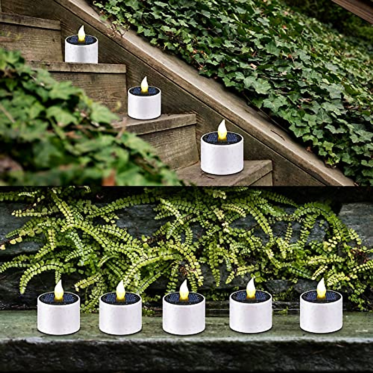 CXMYKE 8pcs Reusable Solar Tea Lights Outdoor Waterproof - Rechargeable LED Tealight Candles with Dusk to Dawn Light Sensor - Great for Lantern, Garden Camping and Home Decor, 2.3”H × 2.3”D