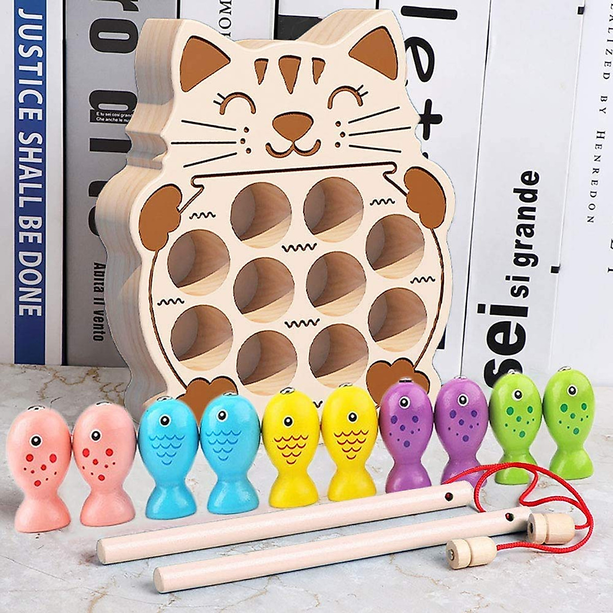 enlitoys Wooden Fishing Game Montessori Toys for Toddlers Magnetic Cat-Shape Fishing Toy Fine Motor Skill Learning with Fishing Pole Fishes Preschool Gifts for Kids Children