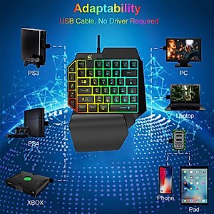 FELICON One Handed Gaming Keyboard and Mouse Combo, Rainbow Backlit 39 Keys Portable Small Mechanical Feel Keyboard with Wrist Rest Support, RGB Backlight 6 Buttons Adjustable Mice for PC Gamer