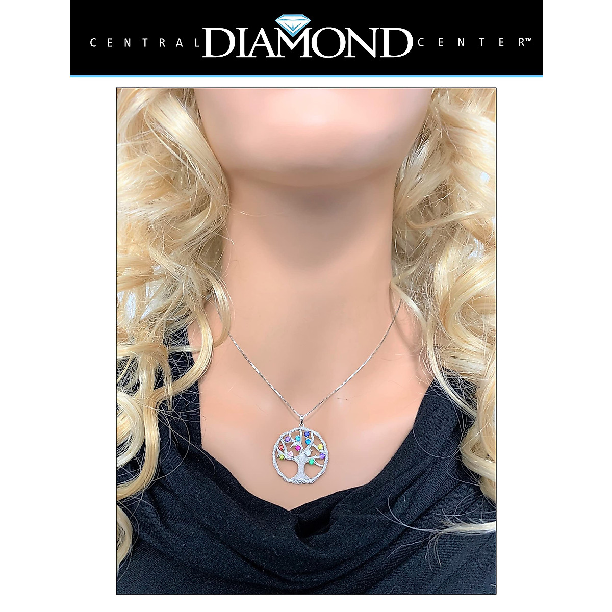 Central Diamond Center Tree of Life Mothers Birthstone Necklace w/ 1-12 Simulated Birthstones- Platinum Plated Silver