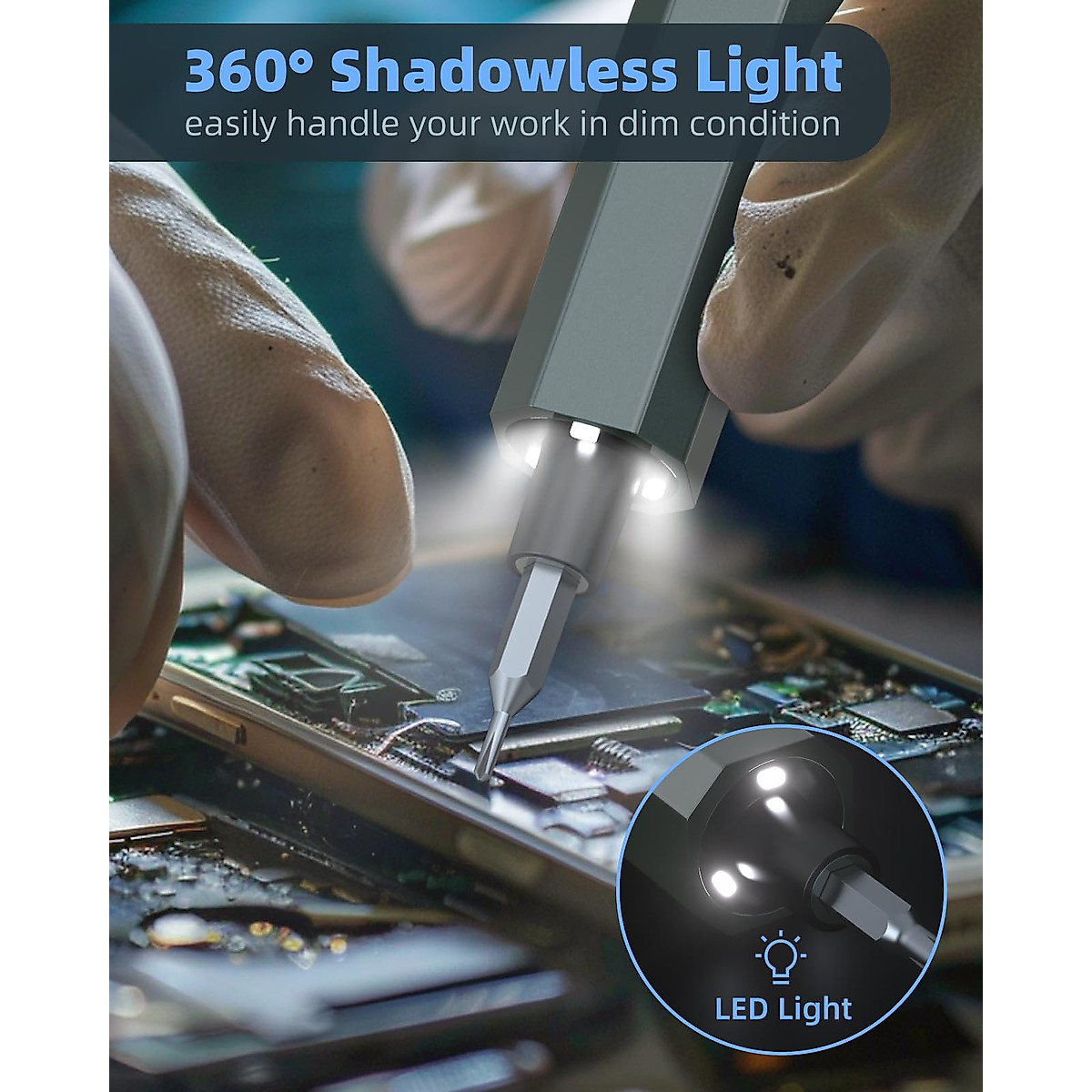 DuroFort 3.7V Precision Electric Screwdriver Set, 0.25N/220RPM Cordless Screwdriver with 34Pcs Bits, 350mAh Mini Electric Screwdriver with LED Light, Magnetize, Opening Pick, Tweezer, Magnetic Mat