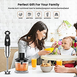 healthomse 5-In-1 Immersion Blender 800W 12-Speed Stainless Steel Hand Blender with Milk Frother, Egg Whisk, BPA-Free 500ml Chopper and 700ml Beaker with Lid for Soup, Smoothie, Baby Food
