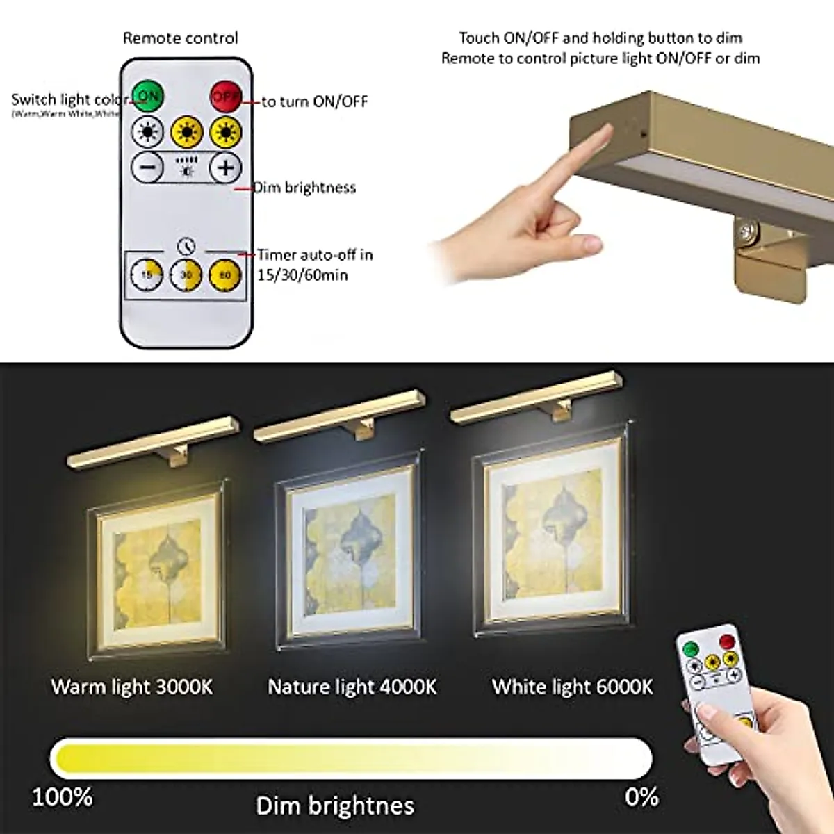 MIOBLUE Wireless Picture Lights with Remote, Recgargeable Battery Painting Light Display Lamp with 3 Lighting Modes, Dimmable Dartboard Light with Timer for Frame Portrait Art, Metal Body