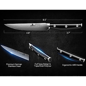 Piklohas Steak Knives Set of 8 with Drawer Organizer, 4.5 Inch Non Serrated Dinner Knife, Forged German Steel Damascus Pattern Straight Edge Meat Knife with Full Tang Handle, Dishwasher Safe, Black