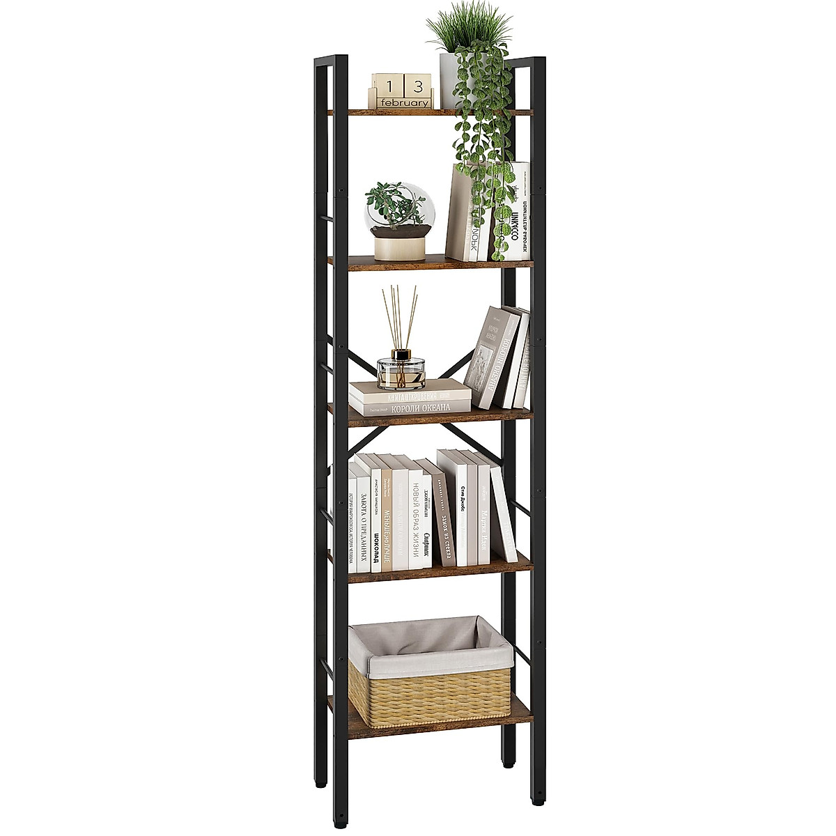 Tajsoon 5 Tier Ladder Bookshelf Industrial Ladder Shelf, Narrow Tall Skinny Bookshelf with Metal Frame, Multipurpose Standing Book Shelf for Bedroom, Living Room, Kitchen, Home Office, Rustic Brown