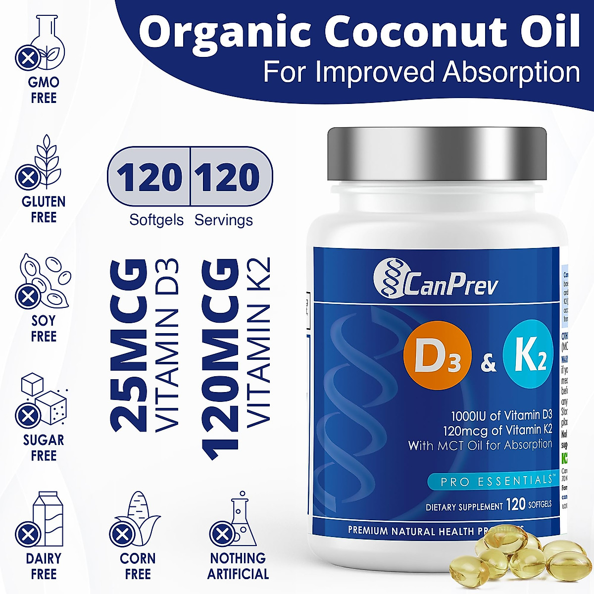 CanPrev D3 & K2 - Organic Coconut Oil (120 softgels)