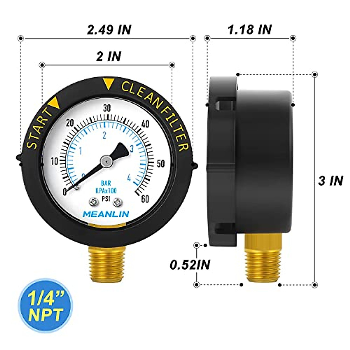 MEANLIN MEASURE 0~60Psi Plastic Frame 1/4" NPT Start and Clean Filter Pressure Gauge，Suitable for Swimming Pool, spa, Aquarium，Lower Mount