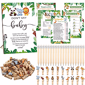 Patelai 321 Pcs Baby Shower Games Supplies, 5 Sets (50 Cards Each) Activities Cards with 20 Pencils 1 Don't Say Baby Sign 50 Clothespin(Jungle Style)