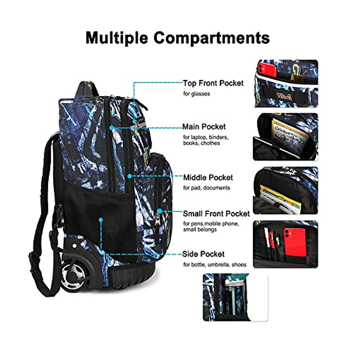 Tilami Rolling Backpack 18 inch with Pencil Case Wheeled Laptop Bag (Blue Letters)