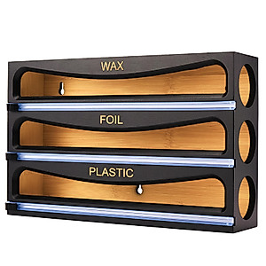 Cozee Bay Bamboo Wrap Dispenser with Cutter, Plastic Wrap Organizer, Aluminum Foil Organization, and Wax Paper Dispenser Holder for Kitchen Drawer and Wall, Compatible with 12" Roll (Black)