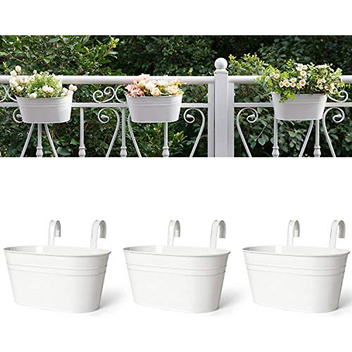 Dahey Metal Iron Hanging Flower Pots for Railing Fence Hanging Bucket Pots Countryside Style Window Flower Plant Holder with Detachable Hooks Home Decor,White,3 Pcs