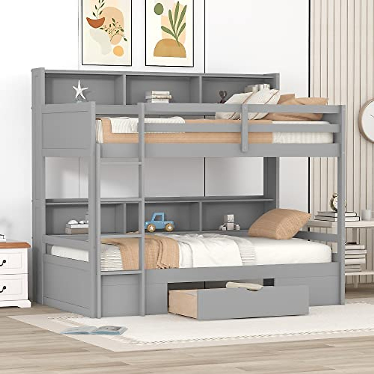 Merax Twin Size Bunk Bed with Built-in Shelves Beside Both Upper and Down Bed and Storage Drawer, Twin Over Twin Solid Wood Bed Frame for Teens, Grey
