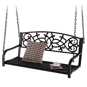 Tangkula 2 Person Porch Swing, Hanging Patio Swing Bench with Chains, Backrest & Armrests, Classic Outdoor Metal Swing Chair with Floral Pattern for Garden, Deck, Backyard (Brown)