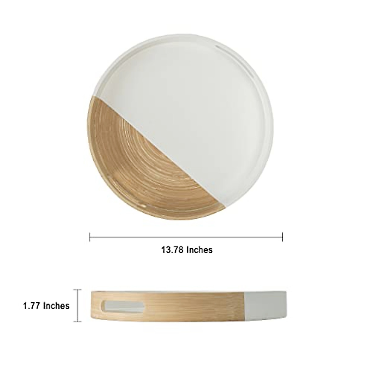 Kiwi Homie 13.78" Dia Spun Bamboo Serving Tray, Round Tray with Handles, Round Ottoman Tray, Semi White for Coffee Table, Serving Food on Home Dining Table, Restaurant (White)