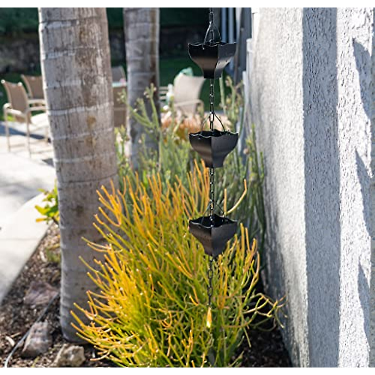 Jitane - Metal Rain Chains for Gutters - 8.75 Feet - Installation Kit Included - Rain Gutter Downspout Extension - Rain Water Catching System - Decorative Jewel Located at The Rain Chain Basin (Black)