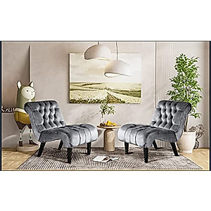 Velvet Accent Lounge Chair for Living Room, Modern Leisure Chair with Tufted Backrest, Indoor Armless Side Chair, Upholstered Bedroom Sleeper Chair with Solid Wood Legs, Grey