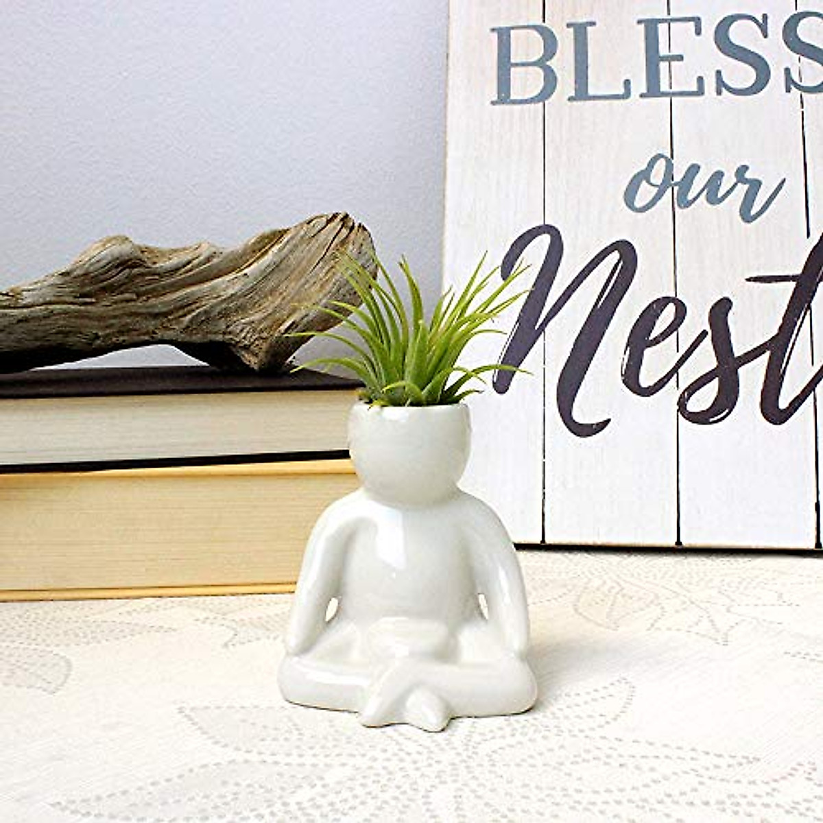 3.25 Inch White Ceramic Meditating Person Shaped Planter with Live Tillandsia Air Plant - Potted Indoor Air Plants for Home and Office Decor