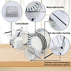 Dish Drying Rack in Sink-Adjustable 15.35" to 20.59",304 Stainless Steel Expandable Dish Drainer Rack Organizer with Utensil Cutlery Holder expandable in sink dish drying rack for Kitchen Counter