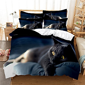 Heave 4Piece Dark Night Black Cat King Duvet Cover Set 3D Oil Animal Printed Bedding Queen Size Comforter Quilt Cover with 1 Flat Sheet and 2 Pillowcase