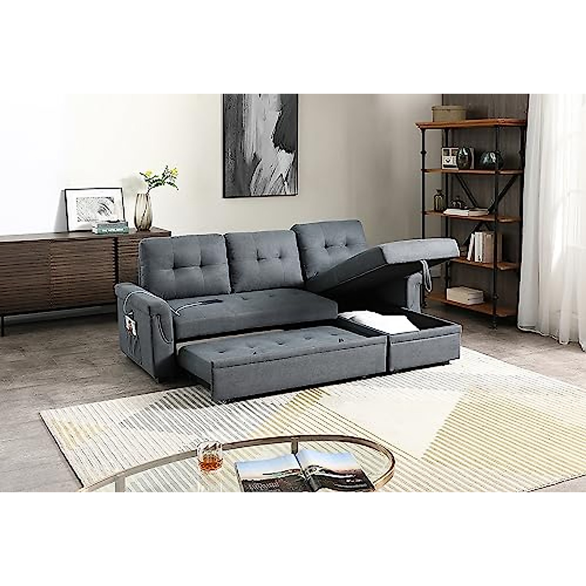 Vanacc Sofa with USB Charging Ports,Sleeper Sofa Couch for Living Room,Sleeper Sectional Sofa with Pull Out Bed,Futon Sofa Bed with Storage Chaise,Deep Seat Sofa (Grey)
