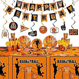 181 Pcs Basketball Theme Birthday Party Decorations 2 Basketball Sports Tablecloth 8 Hanging Swirls Basketball Hoop Banner 24 Set Basketball Tableware Plates Cups Napkins for Boy Kids Party Decor