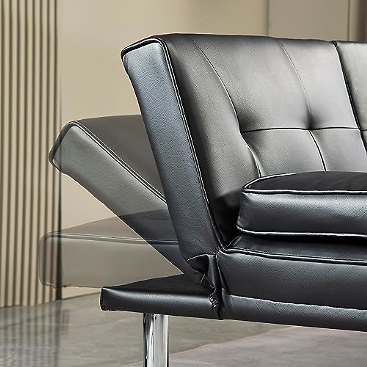 ERYE Modern Futon Sofa Loveseat Convertible Sleeper Couch Bed for Small Space Apartment Office Living Room Furniture Sets, Upholstered Love Seat Sofabed, Black PU Leather Tufted Cupholders Metal Legs