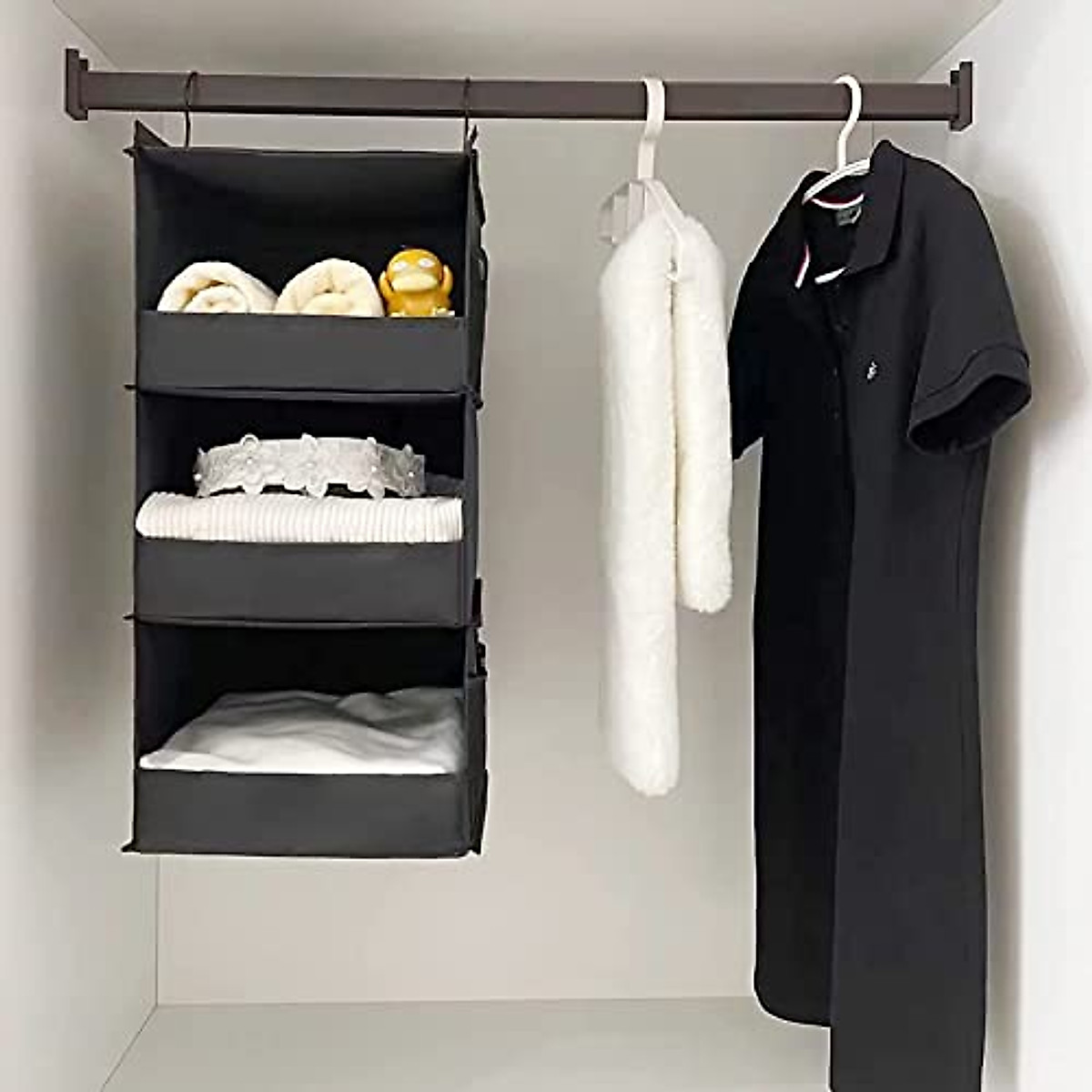 DonYeco 3-Shelf Hanging Closet Organizers and Storage, Collapsible Closet Storage Organizer with 4 Side-Pockets, for RV Wardrobe Camp, Hanging Organizer for Shoes Toys Baby Clothes