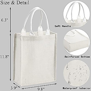DEAYOU 6 Pack Jute Burlap Tote Bag, Burlap Gift Bag with Handle, Jute Beach Tote Laminated Interior, Reusable Lined Grocery Shopping Bag for Bridesmaid, DIY, Wedding,9.8''x11.8''x3.9'', White