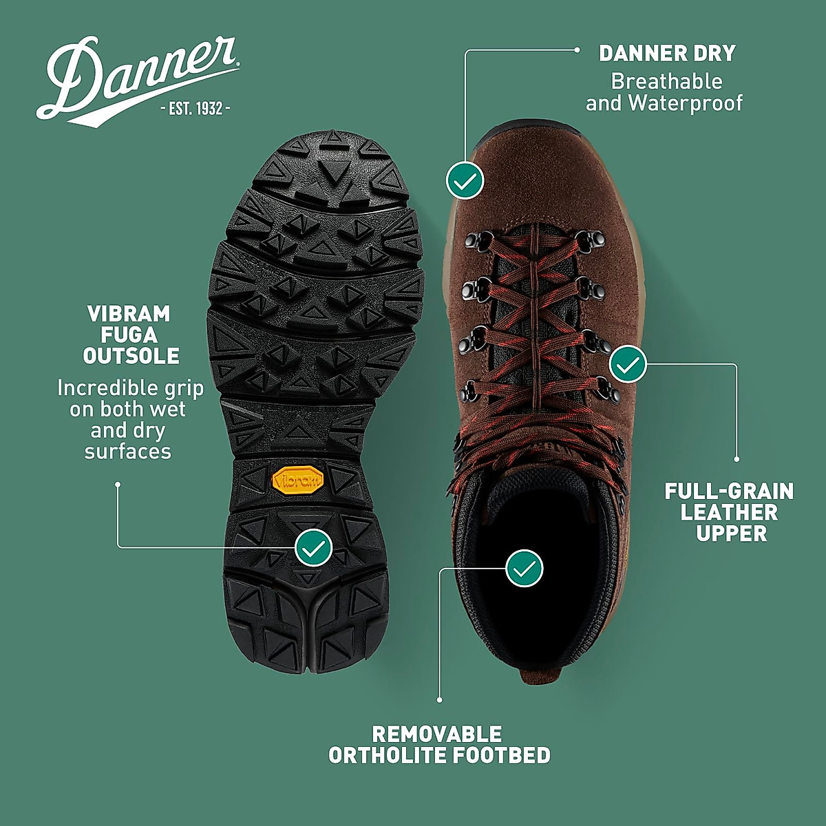 Danner Mountain 600 Hiking Boots for Women - Waterproof, Durable Suede Upper, Breathable Lining, Triple-Density Footbed & Vibram Traction Outsole, Java/Bossa Nova - 8 M